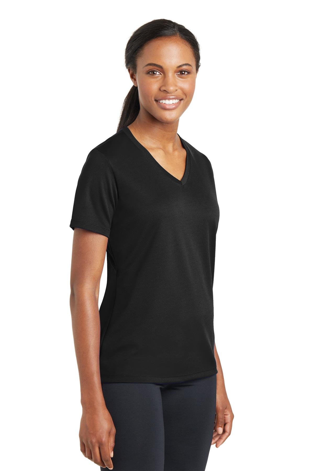 SPORT-TEK Ladies PosiCharge RacerMesh V-Neck Tee. LST340, Black, Large