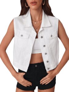 sweatyrocks women's sleeveless button down ripped jean jacket flap pocket crop denim vest top white s