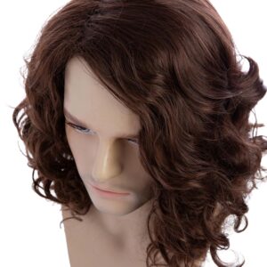 Beweig Mens Brown Wig Long Wavy Brown Male Wig Shoulder Length Side Part Unisex Wig Heat Resistant Synthetic Hair Cosplay Party Costume Wig