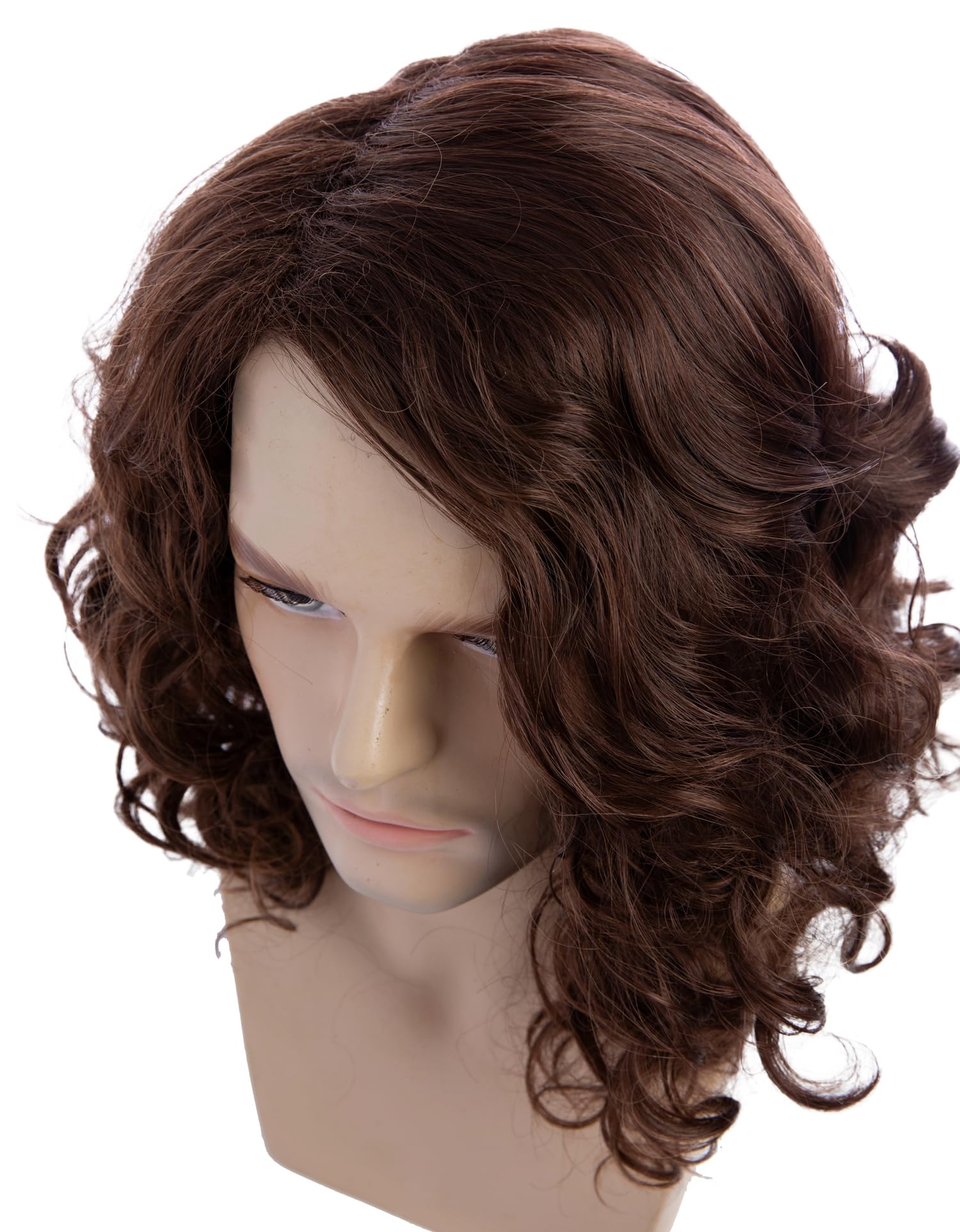 Beweig Mens Brown Wig Long Wavy Brown Male Wig Shoulder Length Side Part Unisex Wig Heat Resistant Synthetic Hair Cosplay Party Costume Wig