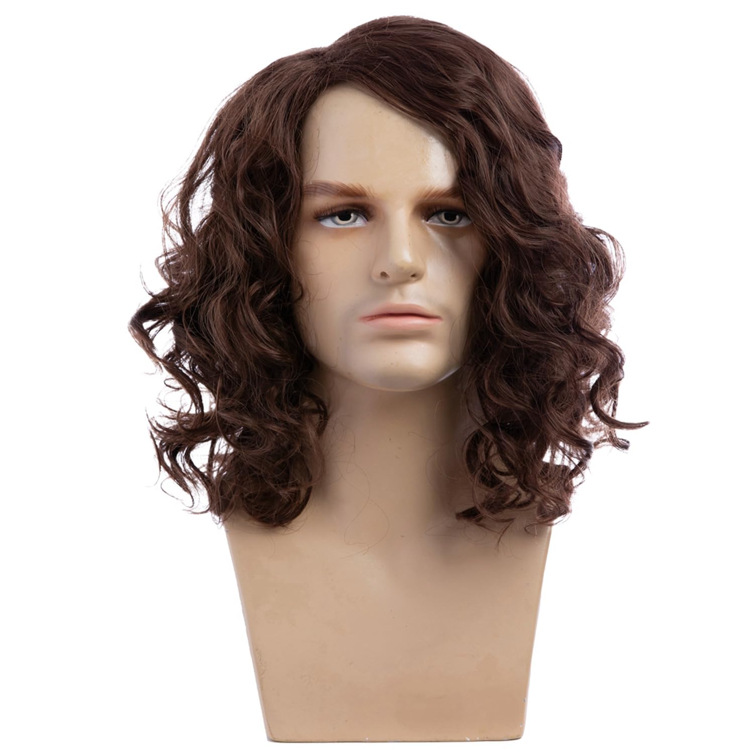 Beweig Mens Brown Wig Long Wavy Brown Male Wig Shoulder Length Side Part Unisex Wig Heat Resistant Synthetic Hair Cosplay Party Costume Wig