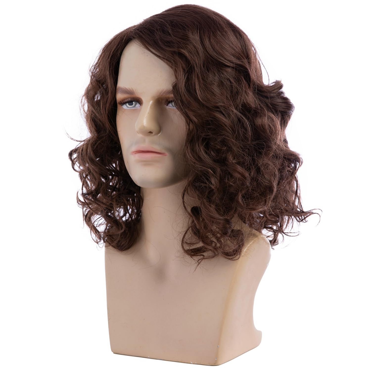 Beweig Mens Brown Wig Long Wavy Brown Male Wig Shoulder Length Side Part Unisex Wig Heat Resistant Synthetic Hair Cosplay Party Costume Wig