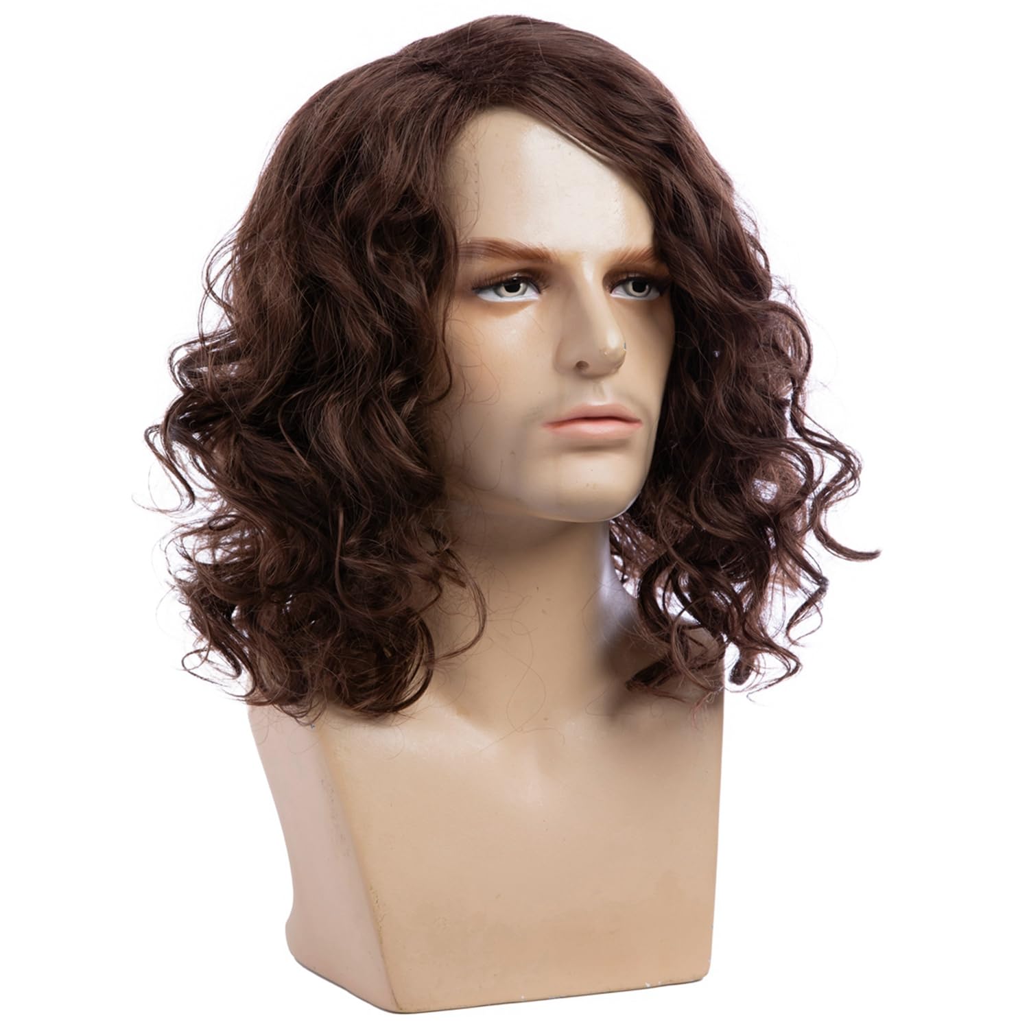 Beweig Mens Brown Wig Long Wavy Brown Male Wig Shoulder Length Side Part Unisex Wig Heat Resistant Synthetic Hair Cosplay Party Costume Wig