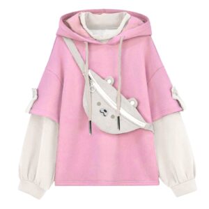 wkishenl cute bear hoodies for womens kawaii clothes long sleeve aesthetic sweatshirts patchwork shirts with personality bag