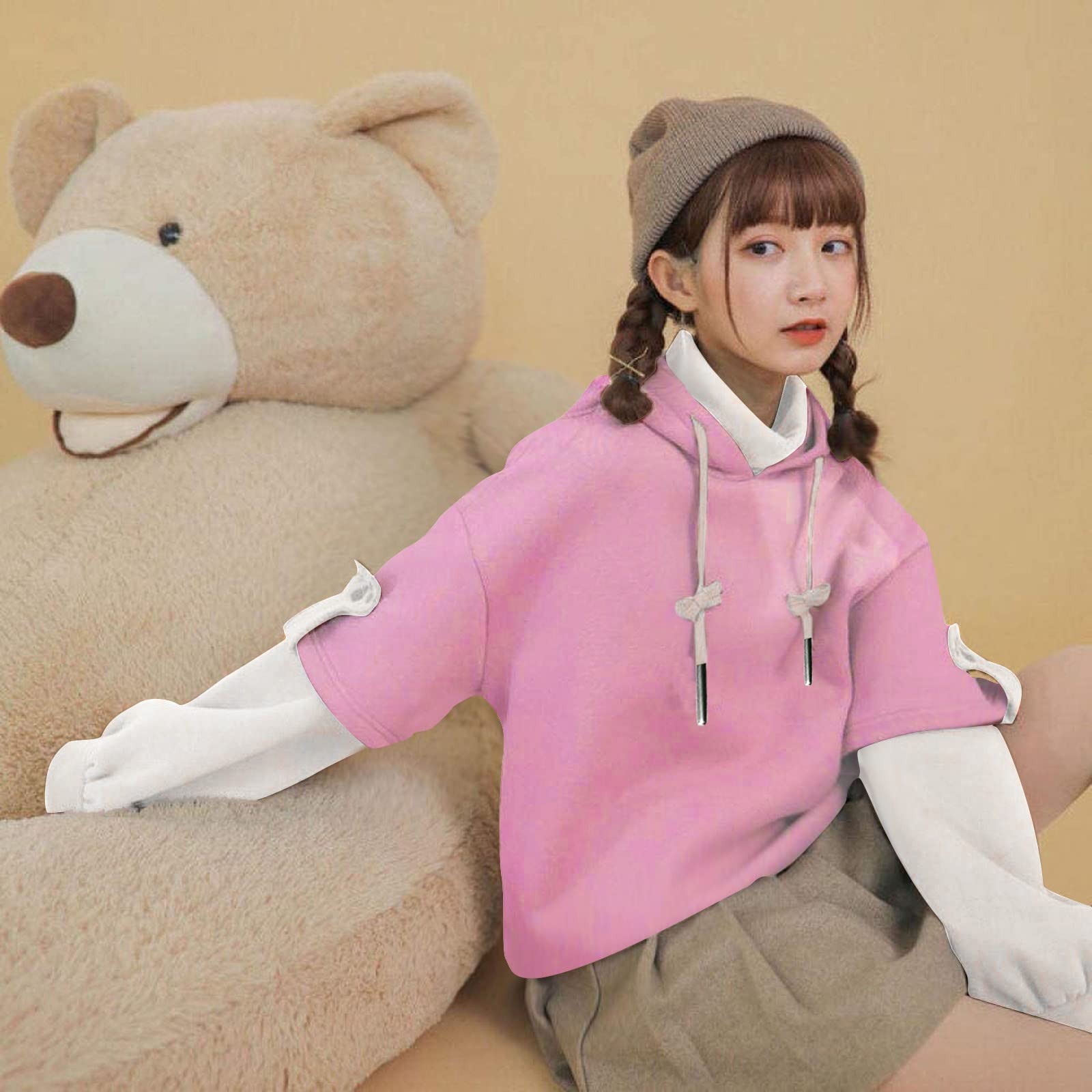 Wkishenl Cute Bear Hoodies For Womens Kawaii Clothes Long Sleeve Aesthetic Sweatshirts Patchwork Shirts With Personality Bag