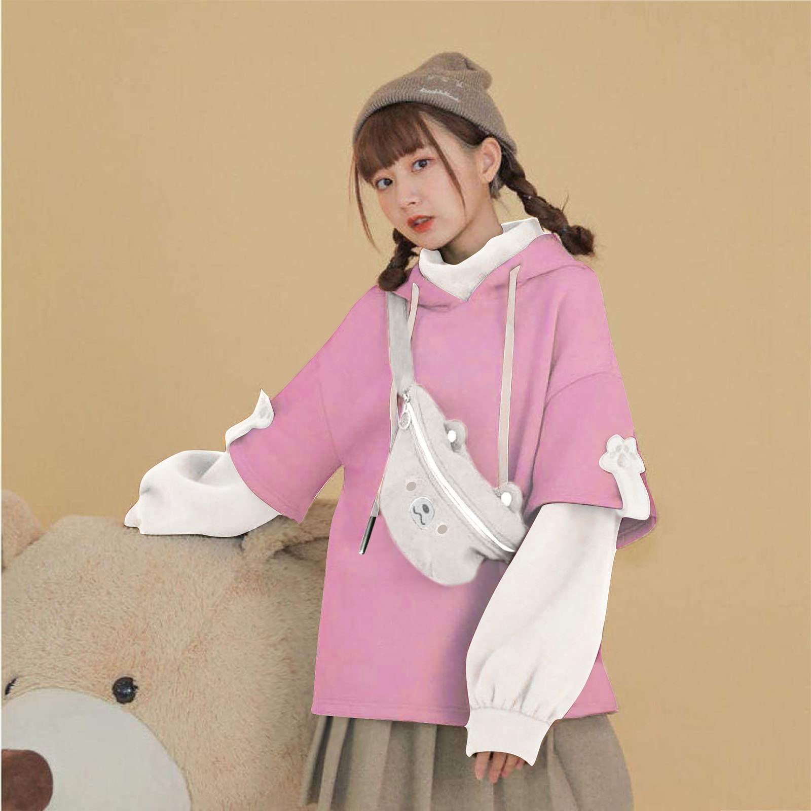 Wkishenl Cute Bear Hoodies For Womens Kawaii Clothes Long Sleeve Aesthetic Sweatshirts Patchwork Shirts With Personality Bag