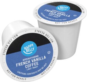 amazon brand - happy belly light roast coffee pods, french vanilla flavored, compatible with keurig 2.0 k-cup brewers, 100 count