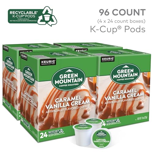 Green Mountain Coffee Roasters Caramel Vanilla Cream Coffee, Keurig Single-Serve K-Cup pods, Light Roast, 96 Count (4 Packs of 24)