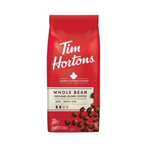 tim hortons whole bean original, medium roast coffee, made with 100% arabica beans, 12 ounce bag