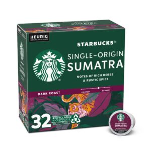 starbucks k-cup coffee pods, dark roast coffee, sumatra, 100% arabica, 1 box (32 pods)