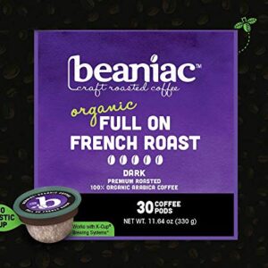 beaniac Organic Full On French Roast, Dark Roast, Single Serve Compostable K Cup Coffee Pods, Organic Arabica Coffee, Keurig Brewer Compatible, 30 Count