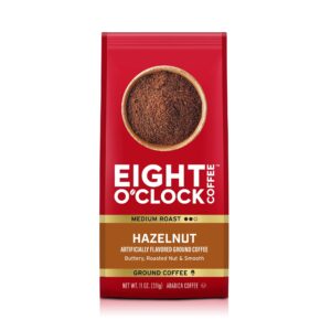 eight o'clock coffee hazelnut, 11 ounce (pack of 6) medium roast ground coffee, buttery, smooth & nutty, 100% arabica