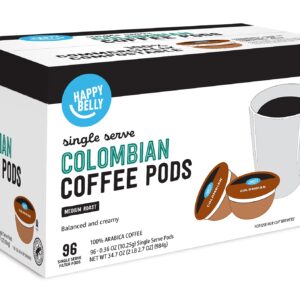 Amazon Brand - Happy Belly Colombian Coffee Pods (Medium Roast), Compatible with K-Cup Brewer, 96 Count