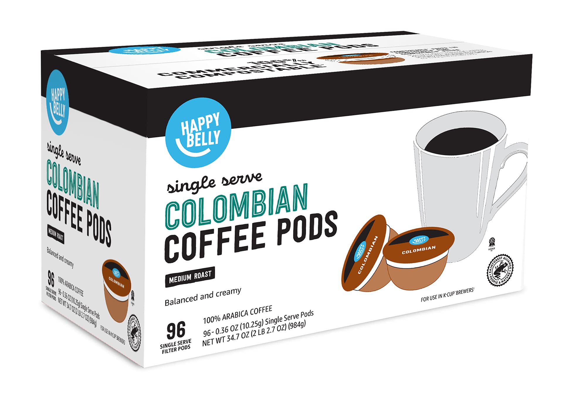 Amazon Brand - Happy Belly Colombian Coffee Pods (Medium Roast), Compatible with K-Cup Brewer, 96 Count