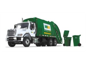 freightliner m-2 with mcneilus rear loader garbage truck "waste management" with garbage bins 1/34 diecast model by first gear 10-3287d