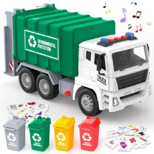 moritakk 15.5" large garbage truck toys for 3 4 5 6 7 8 year old boys,back dump garbage recycling garbage truck toy with 4 rear loader trash cans,christmas birthday sound gift for kids 3+