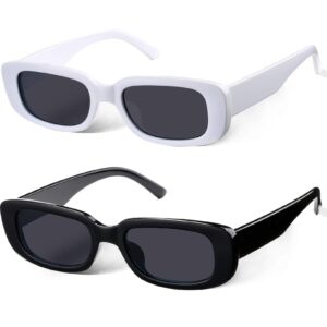 2 pack trendy rectangle sunglasses for women narrow square frame shade 100% uv blocking (white + black)