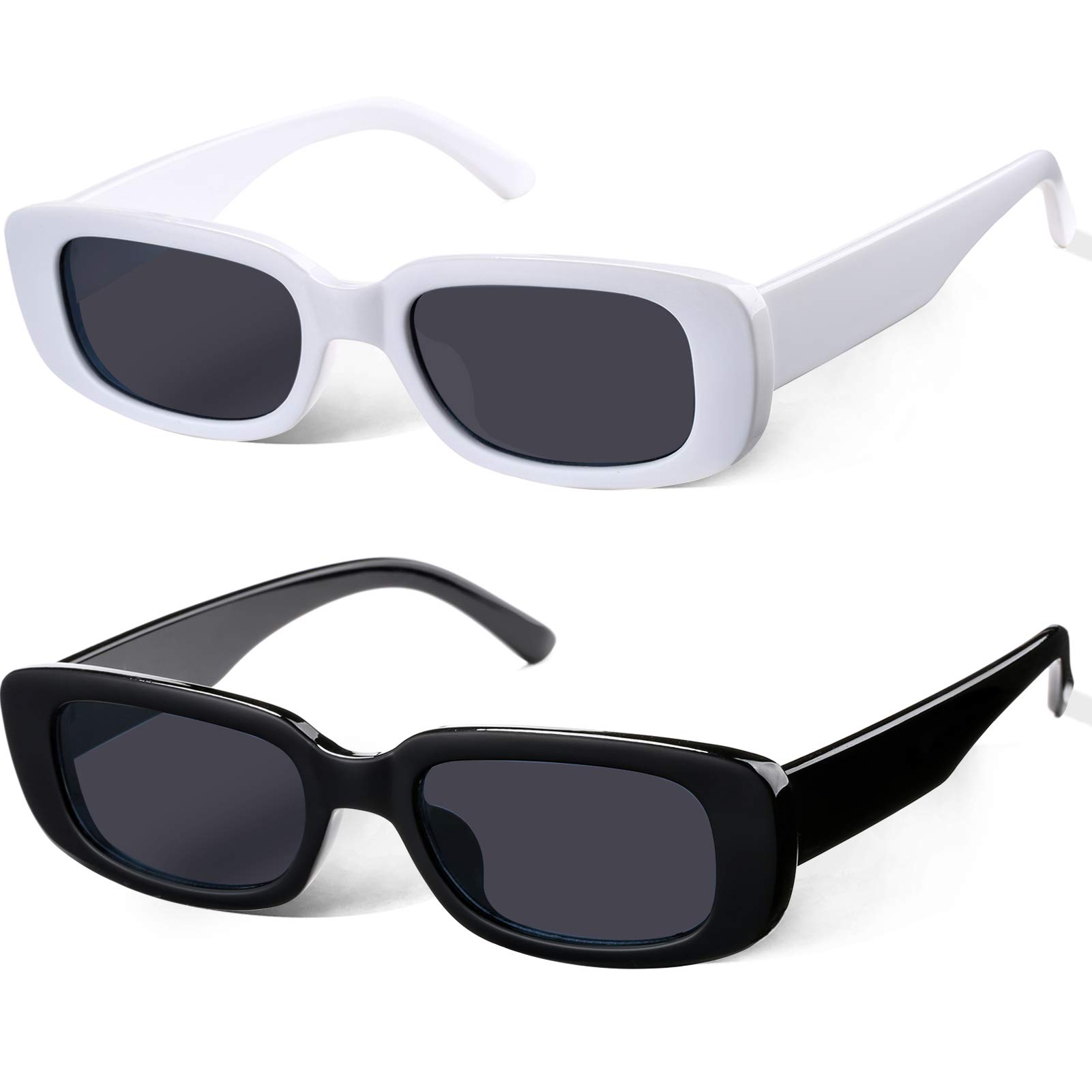 2 Pack Trendy Rectangle Sunglasses for Women Narrow Square Frame Shade 100% UV Blocking (White + Black)