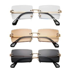 rectangle sunglasses for men/women small rimless square shade eyewear (tea + white + black)…