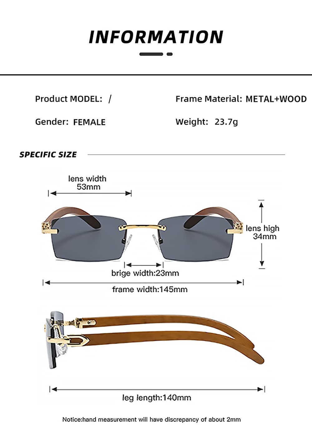 Heptagram Rectangle Fashion Rimless Sunglasses for Women Men Gangster 90s Frameless Shades Retro Vintage Trendy Eyewear (2 PCS-Brown+Transparent)