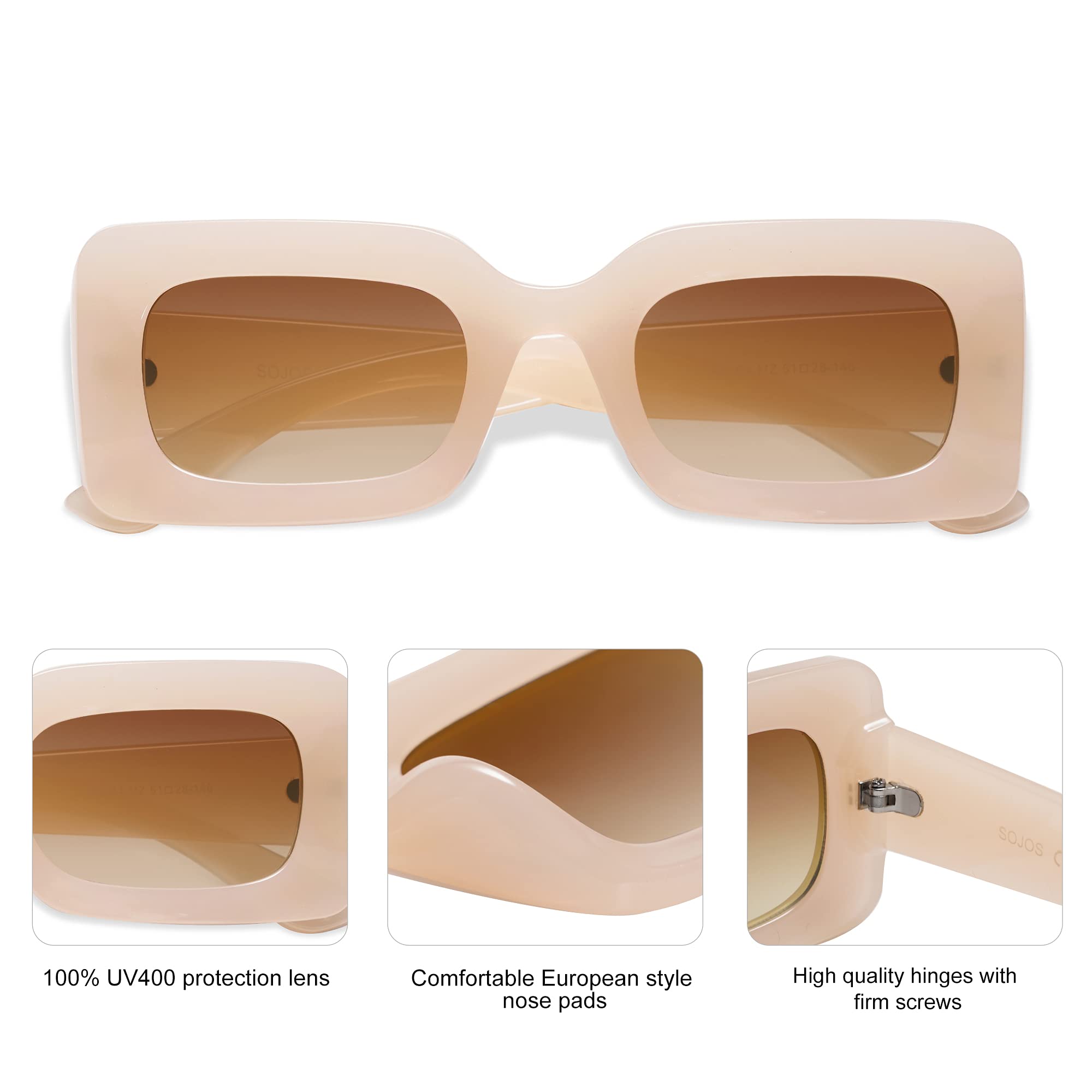 SOJOS Retro 90s Nude Rectangle Sunglasses For Women Trendy Chunky Glasses Beige Frame Brown Lens