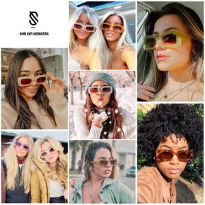 SOJOS Retro 90s Nude Rectangle Sunglasses For Women Trendy Chunky Glasses Beige Frame Brown Lens