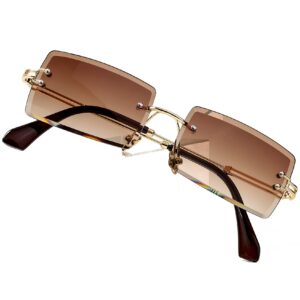 poraday rectangle sunglasses for women men vintage rimless square sun glasses candy color(gradient brown)