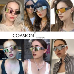 COASION Wrap Around Sunglasses for Women Men Trendy Rimless Futuristic Shades Y2k Shield Flat Top Fashion Eyeglasses (Silver/Silver Mirrored + Black/Blue Mirrored)