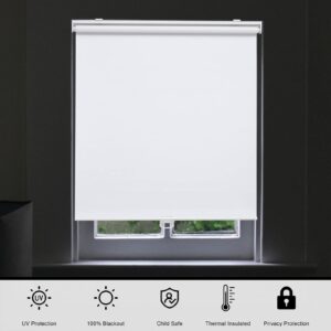 Sunoff Blackout Roller Shades Blinds Cordless for Windows Pull Down Room Darkening Door Blinds with Thermal Insulated Easy to Install for Living Room,Bedroom,Home,Office Bathroom White 23" W x 72" H