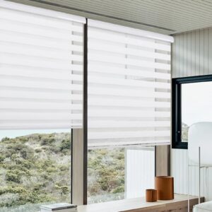 joydeco cordless zebra blinds for windows, privacy light filtering dual layer white sheer roller shades for home office bedroom, 45" w×75" h