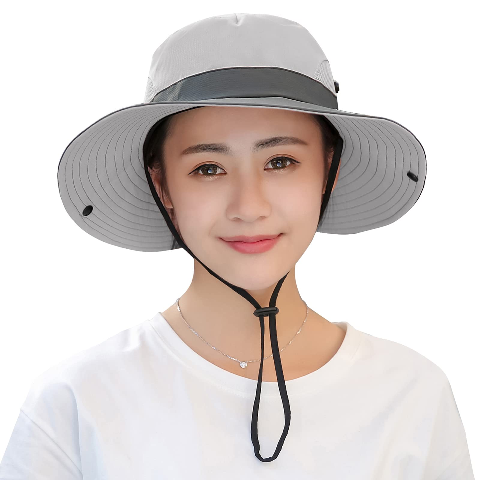 Muryobao Women's Sun Hat Outdoor UV Protection Foldable Mesh Bucket Hat Wide Brim Summer Beach Fishing Cap Light Grey