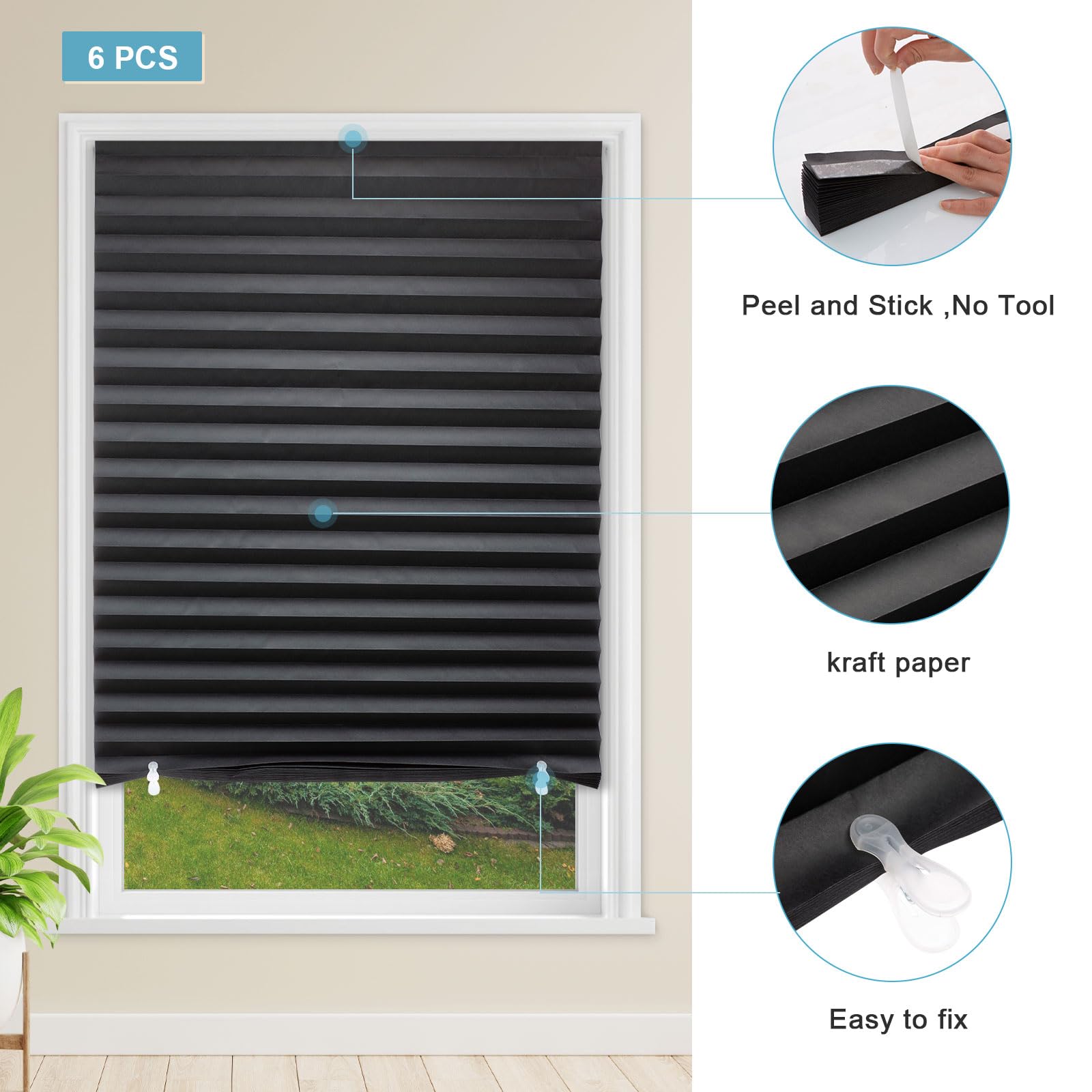 MYshade 6 Pack Temporary Blackout Paper Shades for Windows,Paper Pleated Blinds with Adhesive,No Tools No Drilling Free Cut Size Paper Room Darkening Shades(Black, 36" W x 72" H)