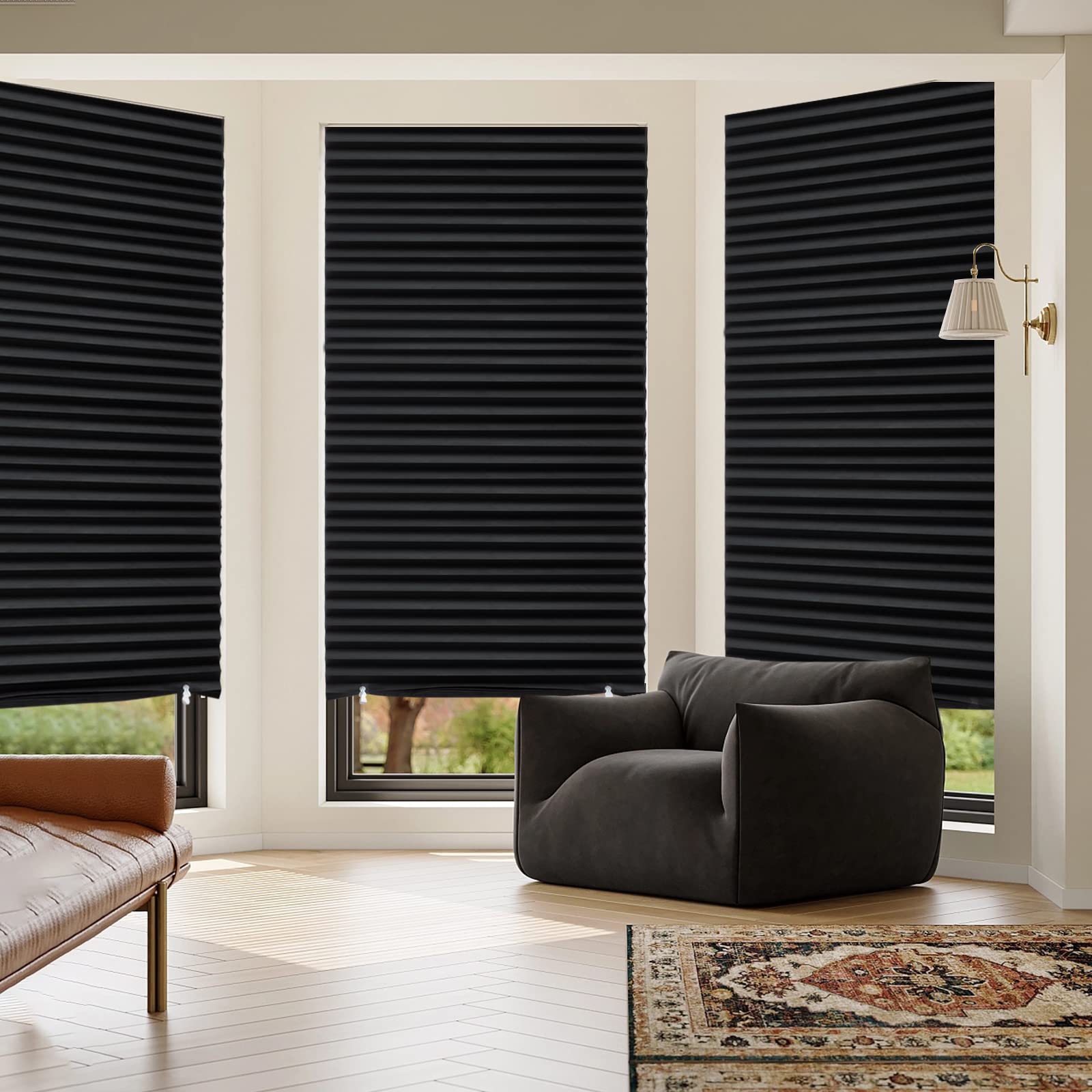 MYshade 6 Pack Temporary Blackout Paper Shades for Windows,Paper Pleated Blinds with Adhesive,No Tools No Drilling Free Cut Size Paper Room Darkening Shades(Black, 36" W x 72" H)