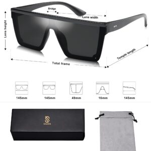 SOJOS Square Big Sunglasses Women Thick Frame Flat Top Mirrored Sunnies Shades Goggle Siamese Lens SJ2117 with Black Frame/Grey Lens