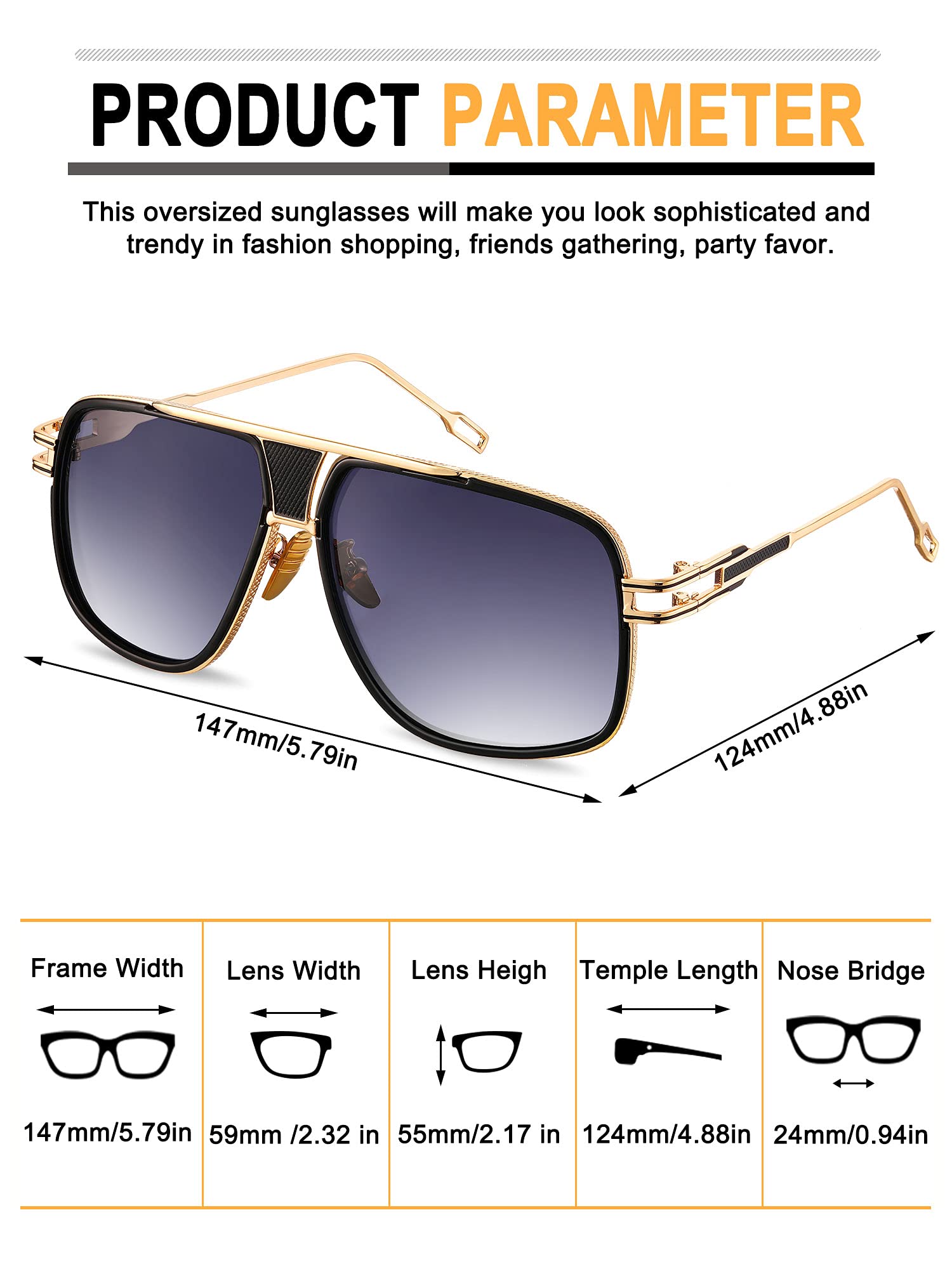 Frienda 3 Pairs Sunglasses for Men Retro Men Shades Glasses Fashion Metal Gold Frame Oversized Sun Glasses Designer