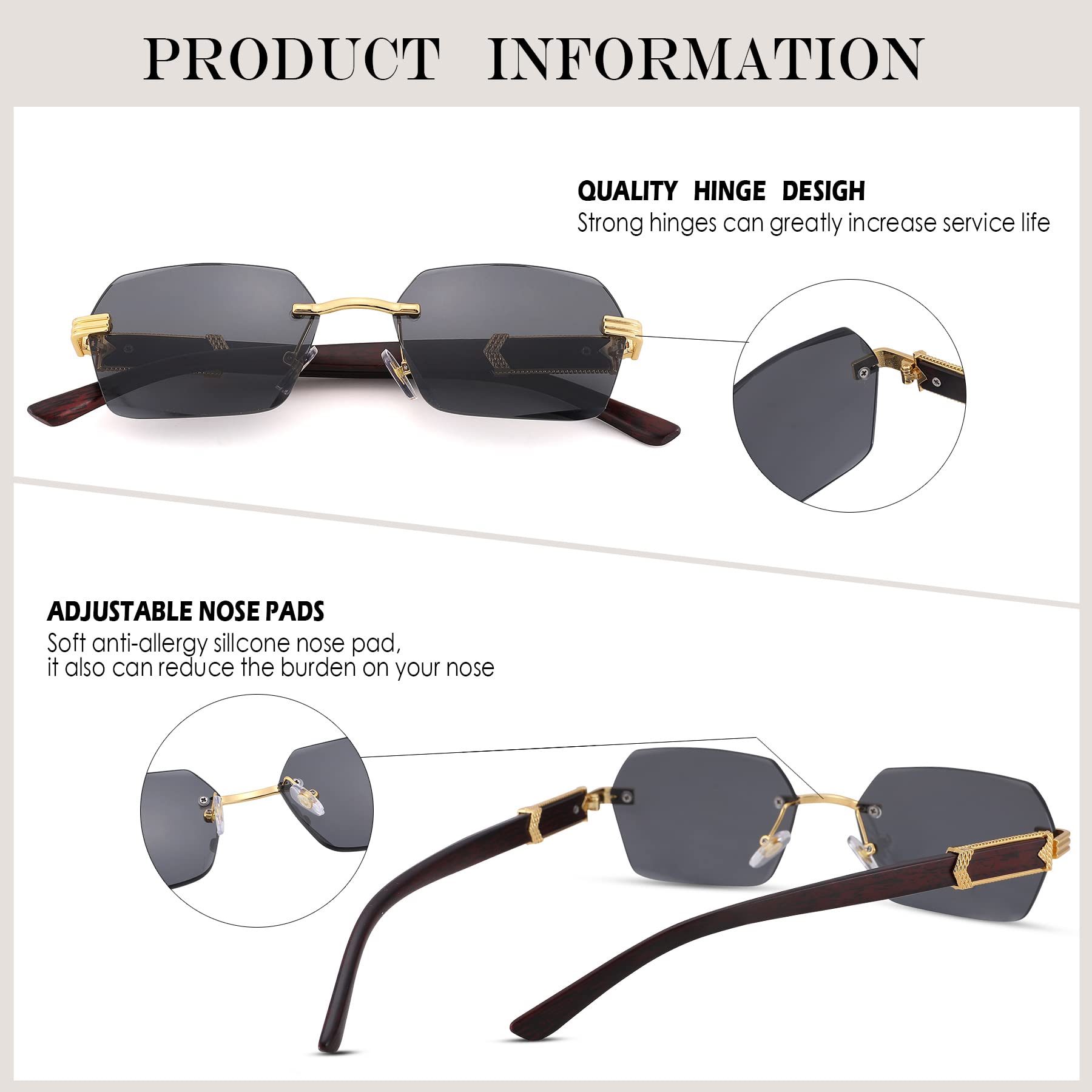 Hycredi Rimless Rectangle Sunglasses Men Women Retro Frameless Square Shade Y2k Sun Glasses Tinted Eyewear-Gold/Clear+Gold/Gray