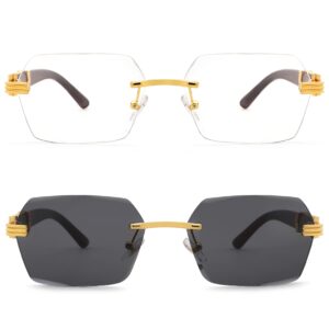 Hycredi Rimless Rectangle Sunglasses Men Women Retro Frameless Square Shade Y2k Sun Glasses Tinted Eyewear-Gold/Clear+Gold/Gray