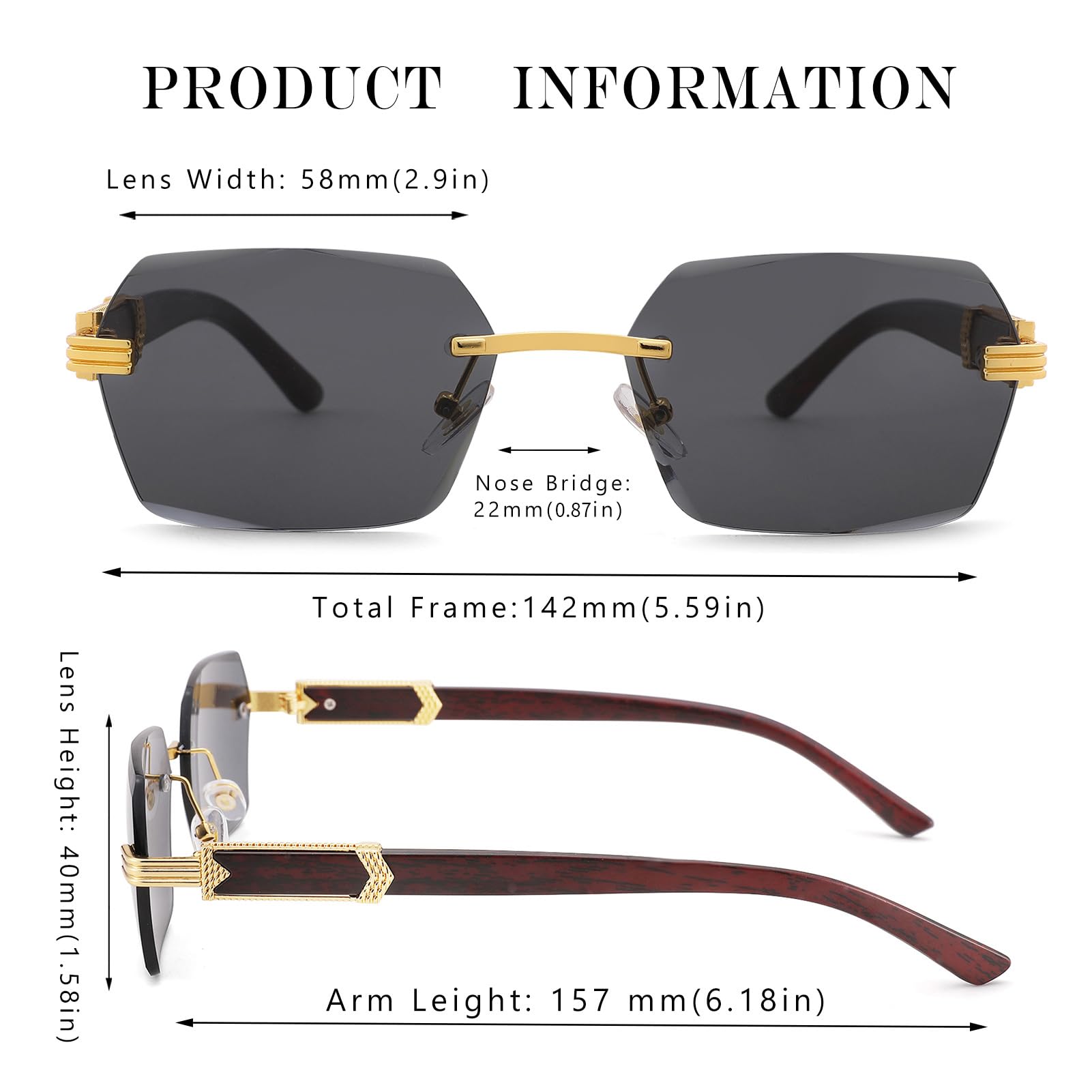 Hycredi Rimless Rectangle Sunglasses Men Women Retro Frameless Square Shade Y2k Sun Glasses Tinted Eyewear-Gold/Clear+Gold/Gray