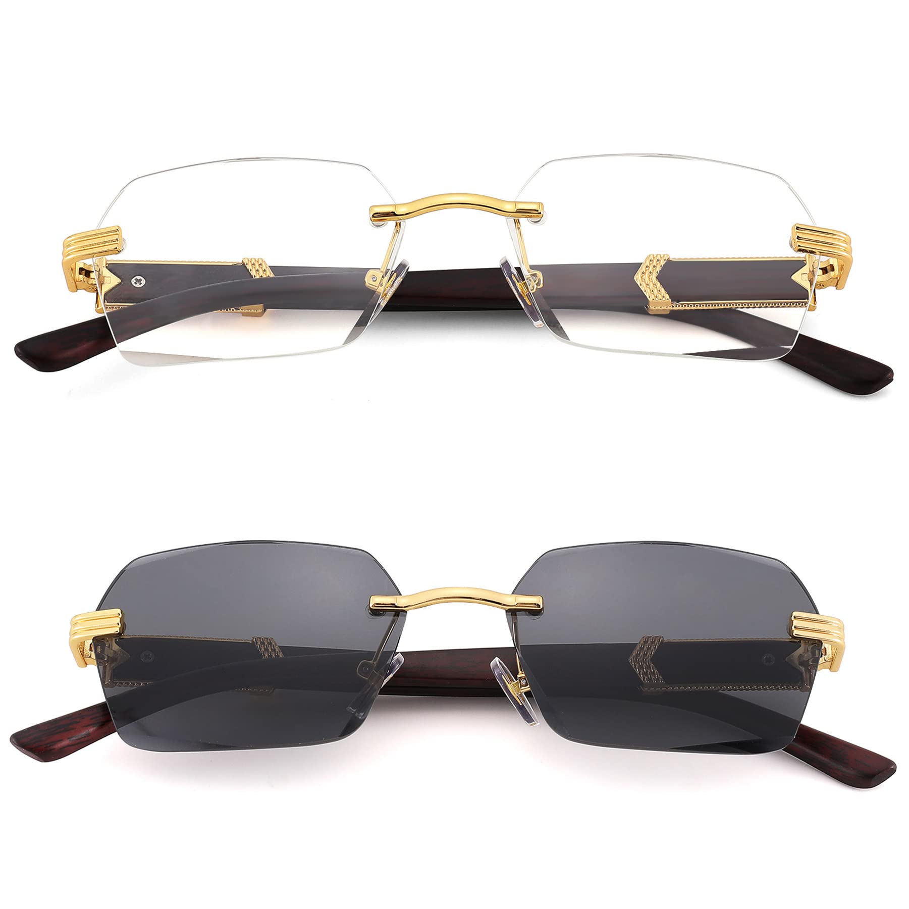 Hycredi Rimless Rectangle Sunglasses Men Women Retro Frameless Square Shade Y2k Sun Glasses Tinted Eyewear-Gold/Clear+Gold/Gray