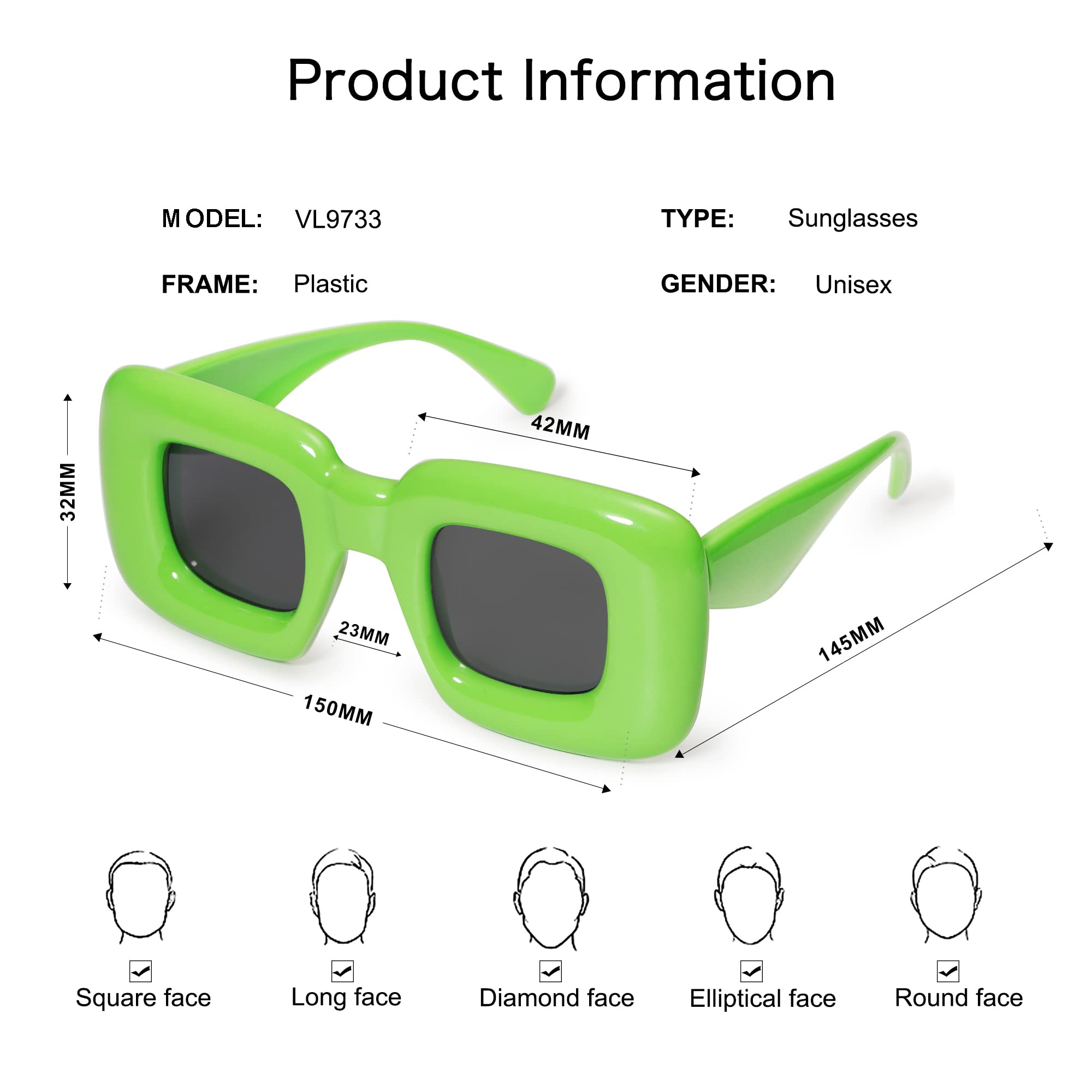 VANLINKER Cute Square Inflated Sunglasses for Women Men Trendy Chunky Glasses Retro Thick Frame Funny Mask Shades VL9733 Light Green