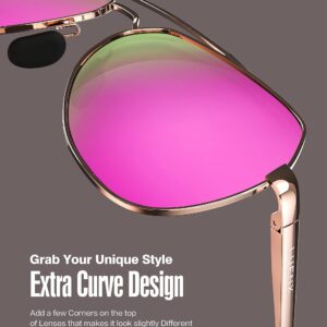 LUENX Women Aviator Sunglasses Polarized Shades Flexible Spring Hinge - Rose red Mirror Lens Rose Gold Metal Frame 60mm