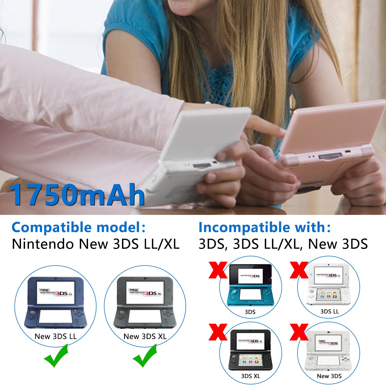 OSTENT 1750mAh 3.7V Rechargeable Lithium-ion Battery Pack for Nintendo New 3DS LL/XL Console