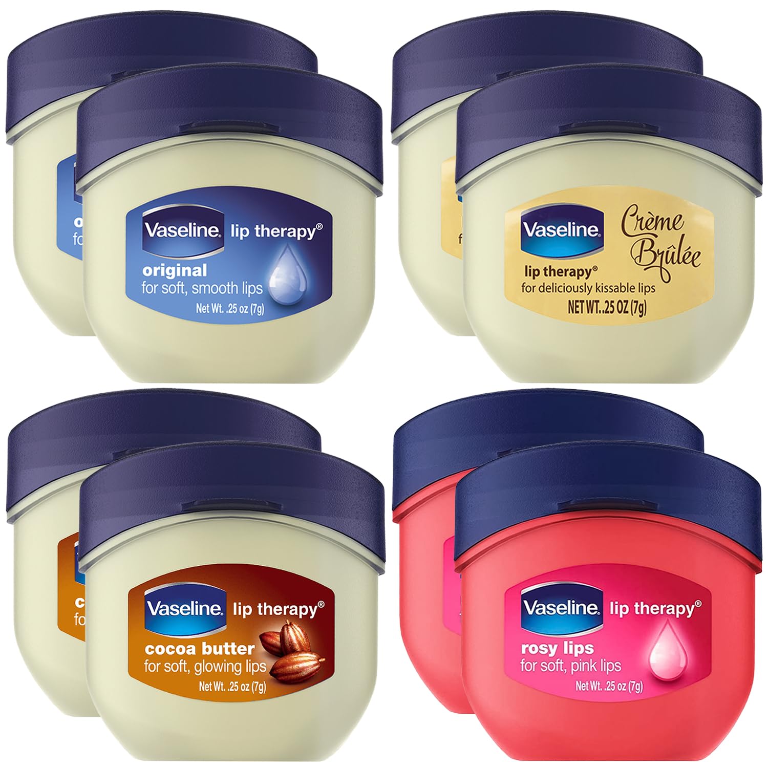 Vaseline Lip Therapy Rosy Lips, Cocoa Butter, Creme Brulee, Original - Vaseline Lip Balm, Tinted and Clear Lip Gloss Set, 2 of Each, 0.25 Oz Ea (8 Piece Set)