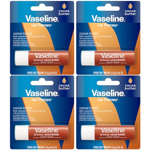 Vaseline Lip Therapy Cocoa Butter, Fast-Acting Nourishment, Ideal for Chapped, Dry, or Cracked Lips, Lip Balm Stick, 0.16 Oz (Pack of 4)