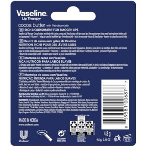 Vaseline Lip Therapy Cocoa Butter, Fast-Acting Nourishment, Ideal for Chapped, Dry, or Cracked Lips, Lip Balm Stick, 0.16 Oz (Pack of 4)