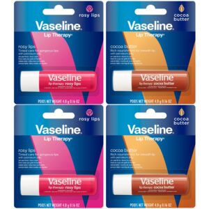 vaseline lip therapy variety 4-pack – rosy lips + cocoa butter moisturizing lip balm with vitamin e, 0.16 oz ea