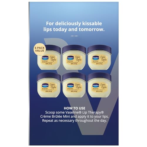 Vaseline Lip Therapy Creme Brulee Mini, White Petrolatum, Advanced Moisturizer, Relieves Dull and Dry Skin, Mini Vaseline Petroleum Jelly, Soft & Smooth Vaseline Lips (Pack of 6-0.25 Oz Ea) 