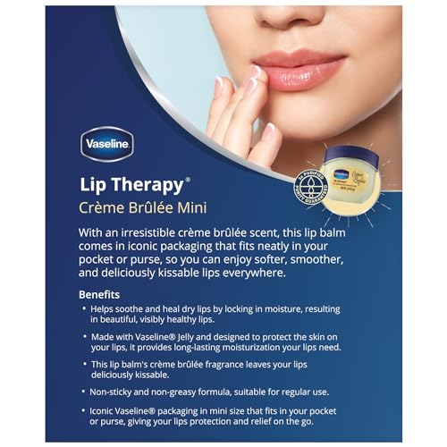 Vaseline Lip Therapy Creme Brulee Mini, White Petrolatum, Advanced Moisturizer, Relieves Dull and Dry Skin, Mini Vaseline Petroleum Jelly, Soft & Smooth Vaseline Lips (Pack of 6-0.25 Oz Ea) 