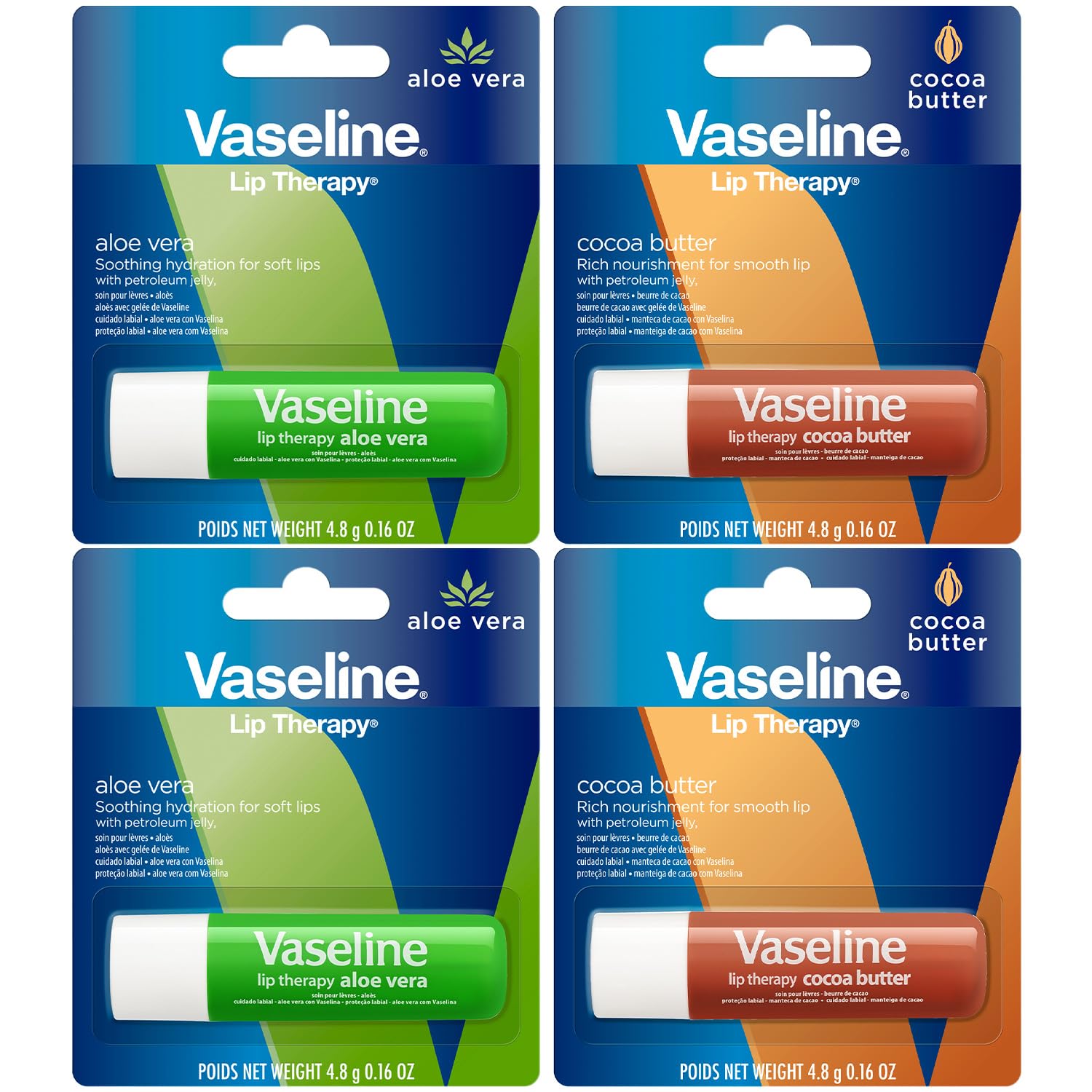 Vaseline Lip Therapy Variety 4-Pack – Cocoa Butter + Aloe Vera Moisturizing Lip Balm with Vitamin E, 0.16 Oz Ea