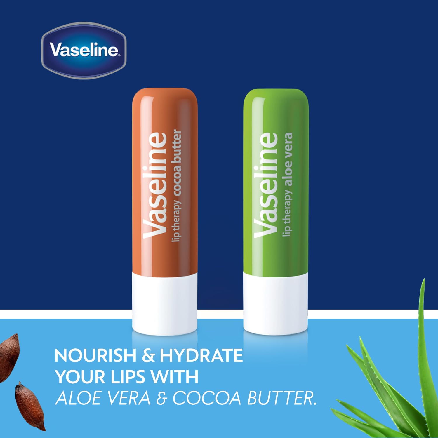 Vaseline Lip Therapy Variety 4-Pack – Cocoa Butter + Aloe Vera Moisturizing Lip Balm with Vitamin E, 0.16 Oz Ea